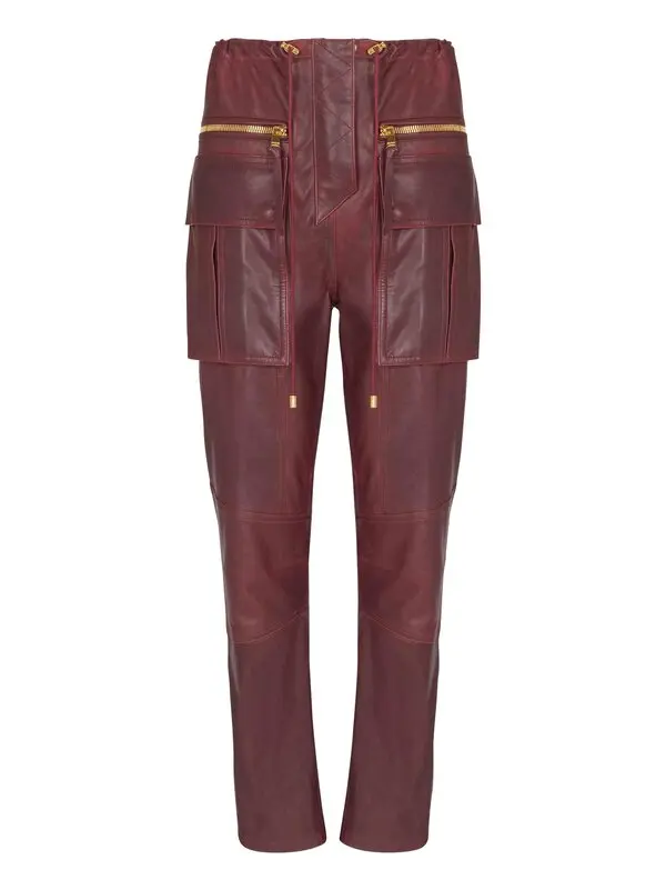 Balmain Lambskin Leather Cargo Pants - Burgundy