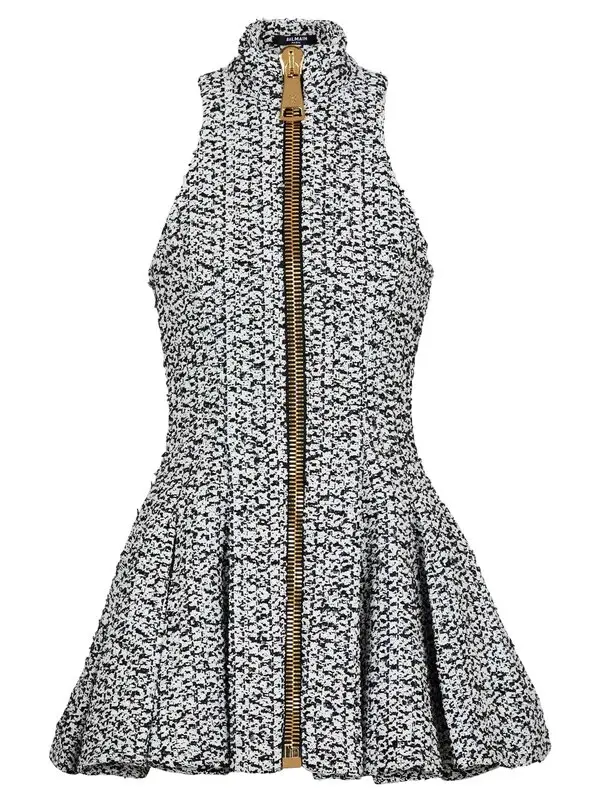 Balmain Sleeveless Flared Tweed Dress - White