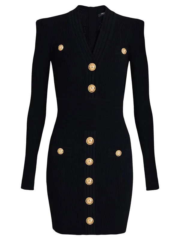 Balmain Short Knit Dress With Gold Buttons - Black