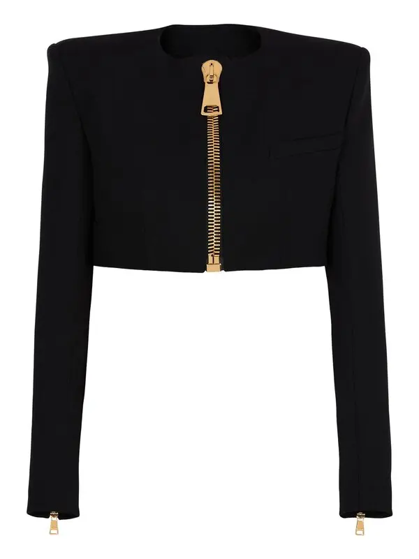 Balmain Cropped Jacket In Grain De Poudre Wool - Black