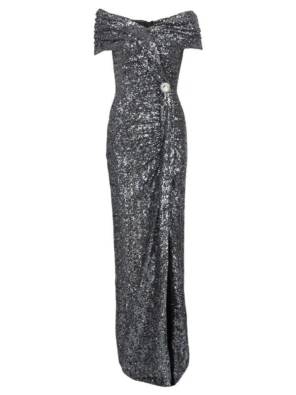Balmain Long Draped Sequin Dress - Silver