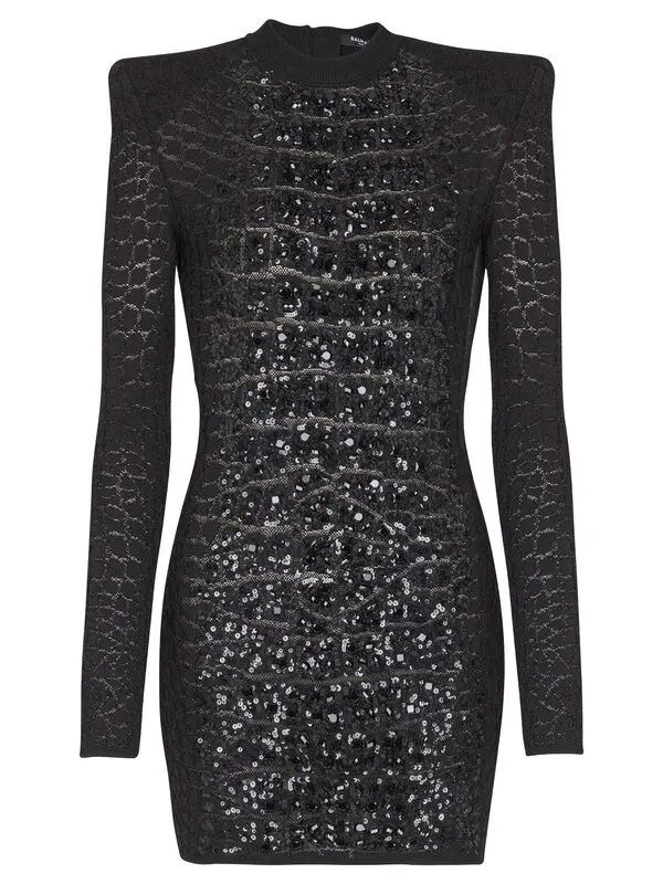 Balmain Crocodile Knit Sequin Mini Dress - Black