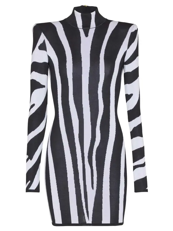 Balmain Knit Mini Dress With Zebra Intarsia - Black
