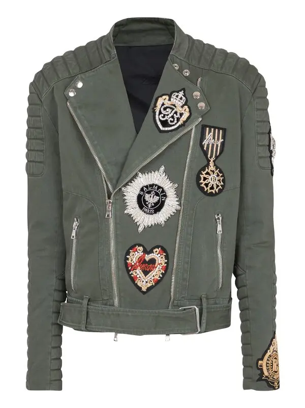Balmain Denim Biker Jacket With Embroidered Patches - Khaki