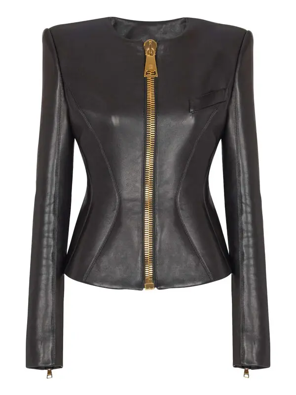 Balmain Cropped Peplum Lambskin Jacket - Black