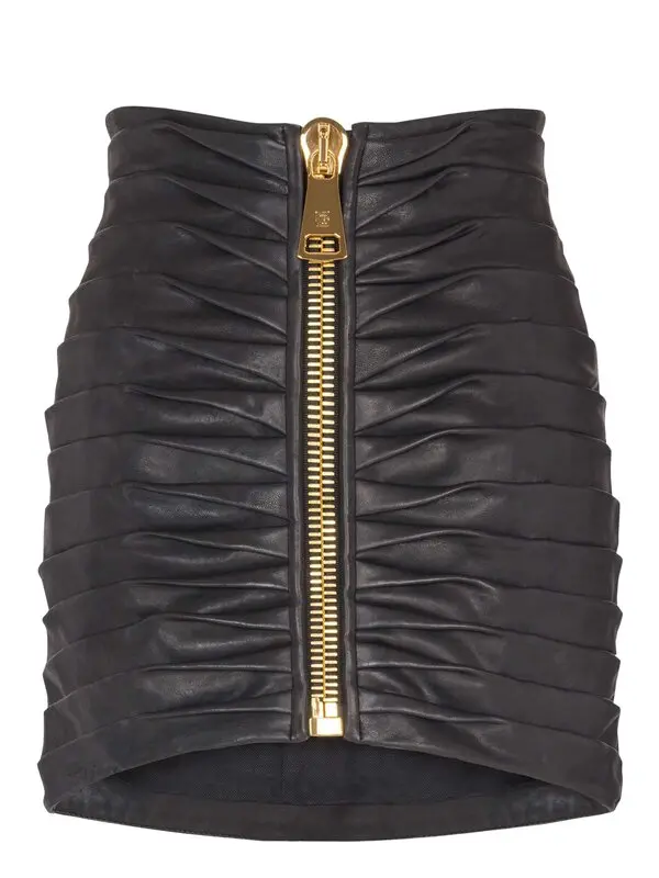 Balmain Short Pleated Lambskin Skirt - Black