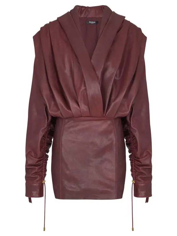 Balmain Short Hooded Lambskin Dress - Burgundy