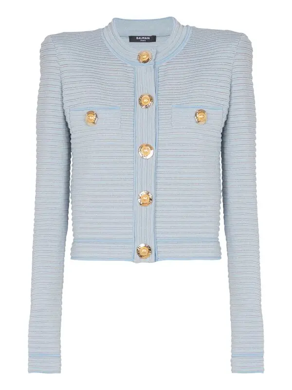 Balmain Long-sleeved Textured Knit Cardigan - Blue