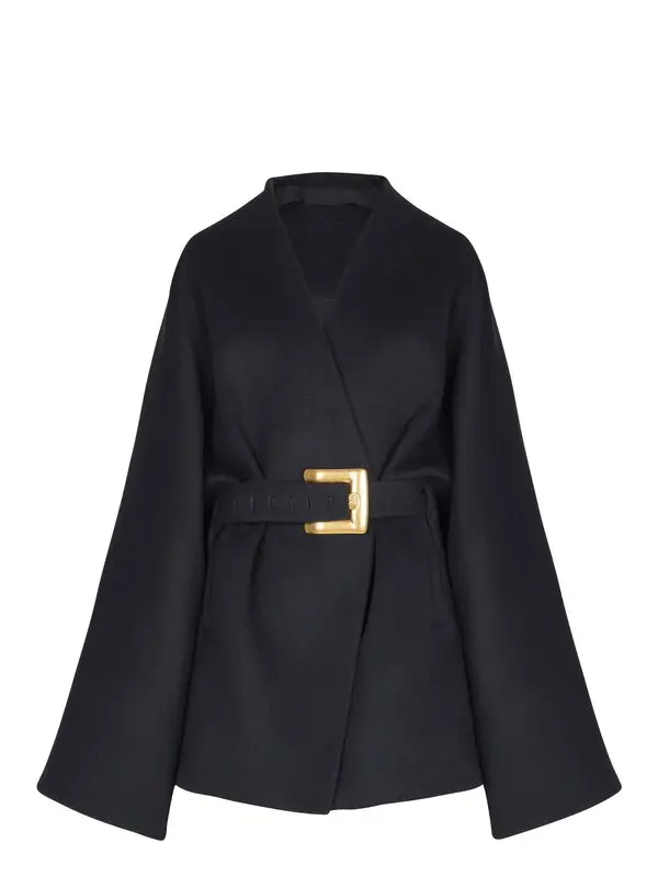 Balmain Short Wool Wrap Coat - Navy