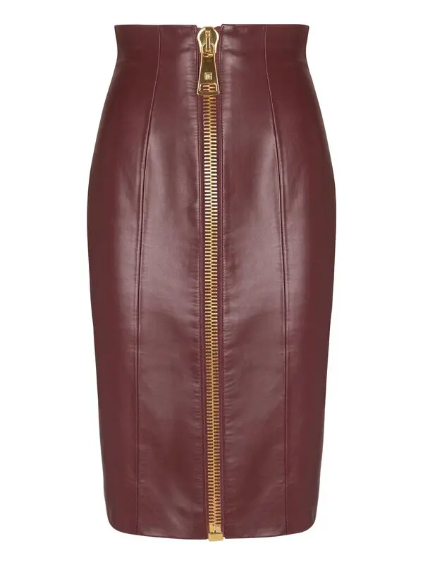 Balmain Lambskin Leather Pencil Skirt - Burgundy