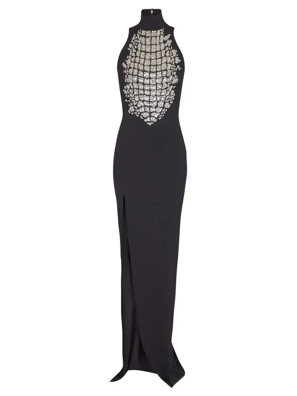 Balmain Long Embroidered Slit Dress - Black