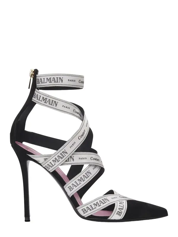 Balmain Couture Suede Heels With Ribbon Motif - White