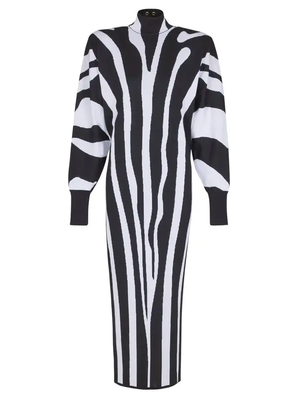 Balmain Long Knit Dress With Zebra Intarsia - Black