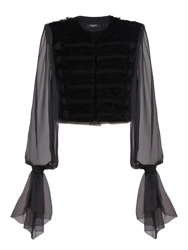 Balmain Edge-to-edge Tweed And Chiffon Jacket - Black