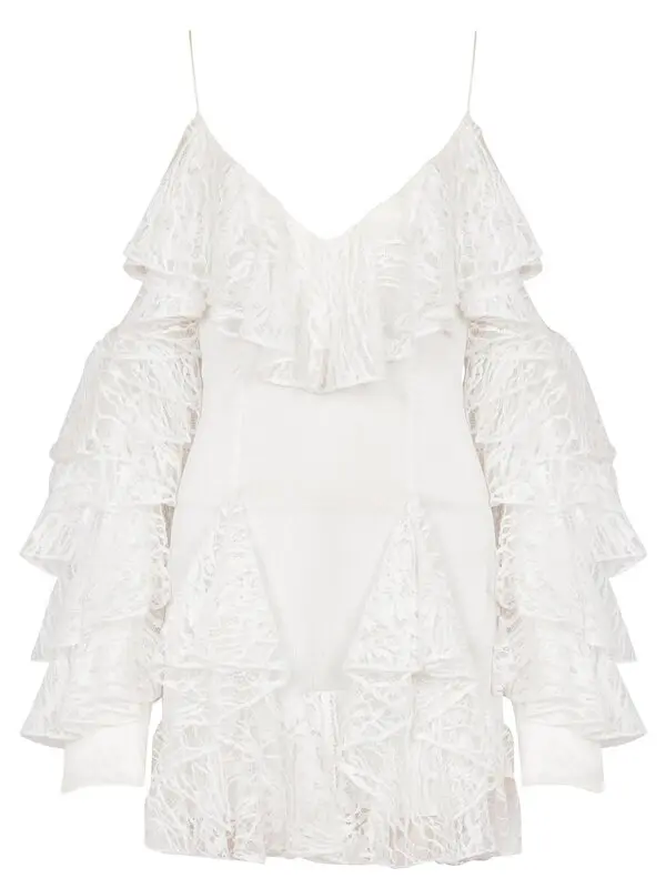 Balmain Satin Dress With Lace Ruffles - White