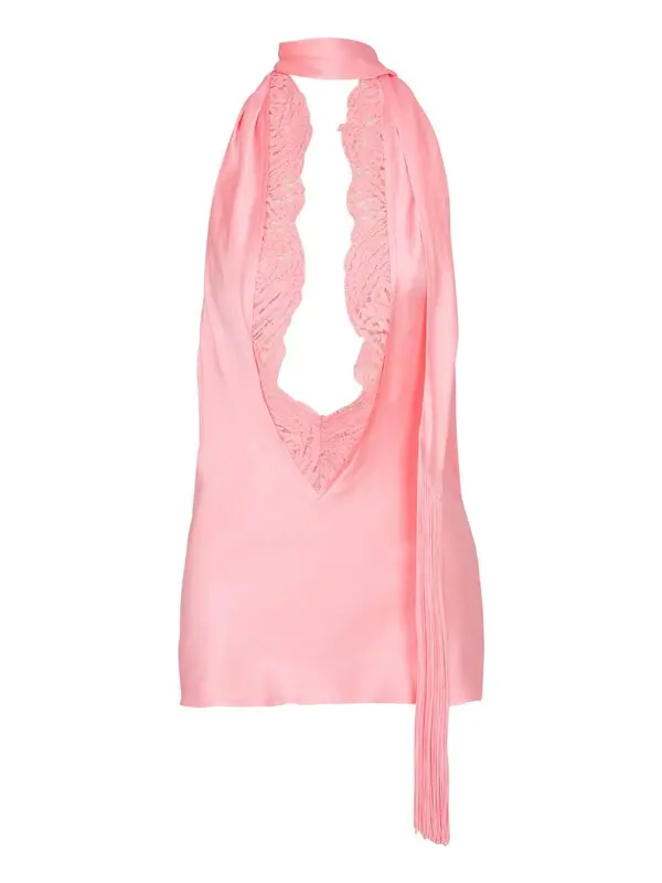 Balmain Backless Fringed Satin Top - Pink