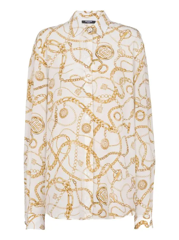Balmain Printed Silk Shirt With Chain Pattern - Gold