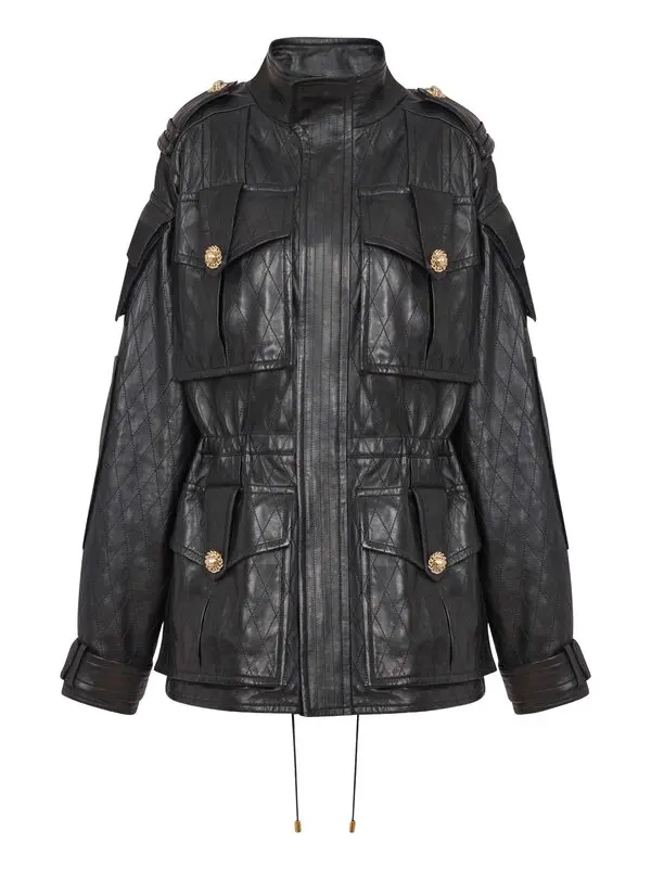 Balmain Lambskin Leather Parka With Diamond Pattern - Black