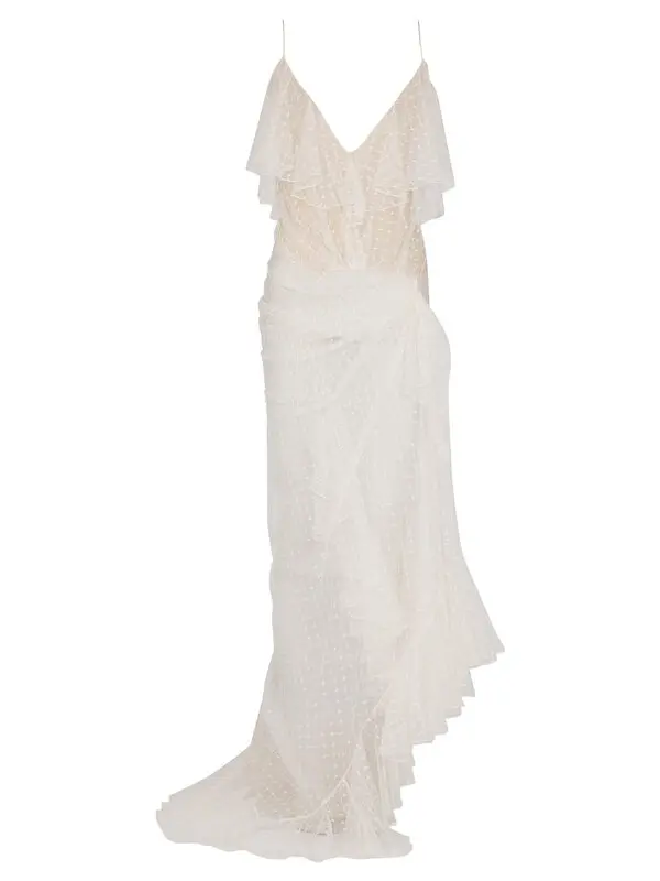 Balmain Long Flowing Lace Ruffled Dress - White