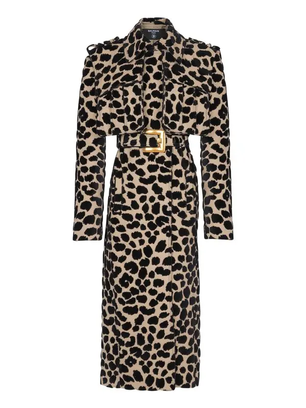 Balmain Leopard Print Jacquard Belted Trench - Black