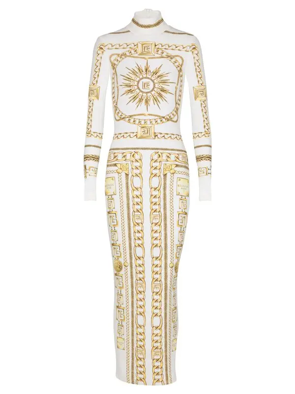 Balmain Long Printed Bodycon Dress With Foulard Pattern - Gold