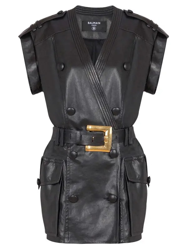 Balmain Lambskin Leather Belted Mini Dress - Black
