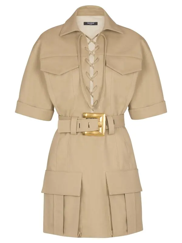 Balmain Short Cotton Gabardine Lace-up Dress - Beige