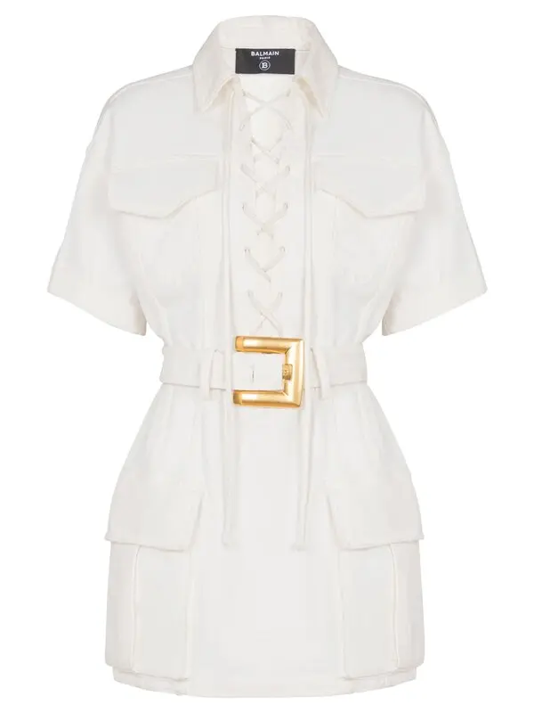 Balmain Lace-up Cotton Canvas Mini Dress - White