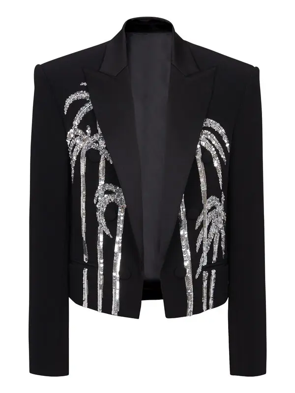 Balmain Cropped Crepe Jacket With Palm Tree Embroidery - Black