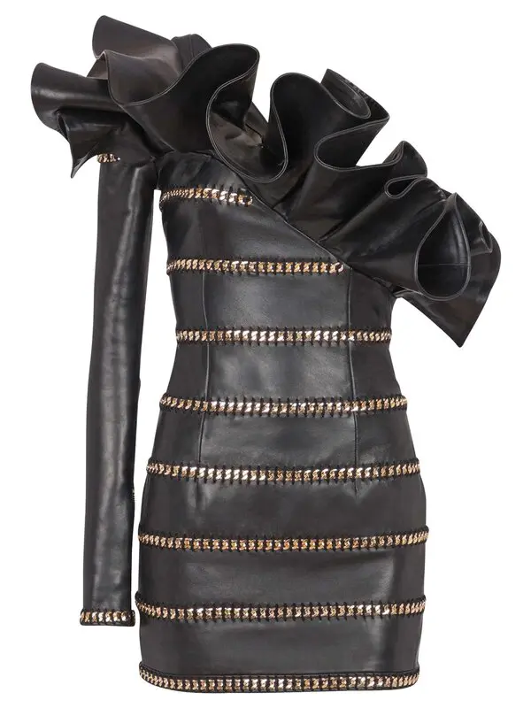 Balmain Asymmetric Leather Bodycon Dress With Chains - Black