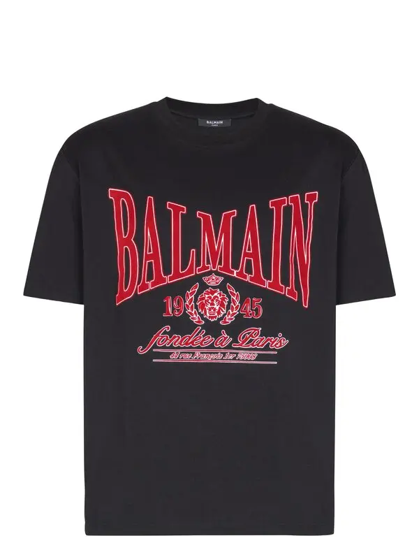 Balmain Short-sleeved T-shirt With Flocked College Print - Black
