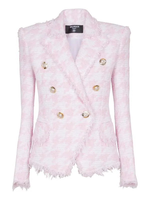 Balmain Houndstooth Tweed Fitted Jacket - Pink