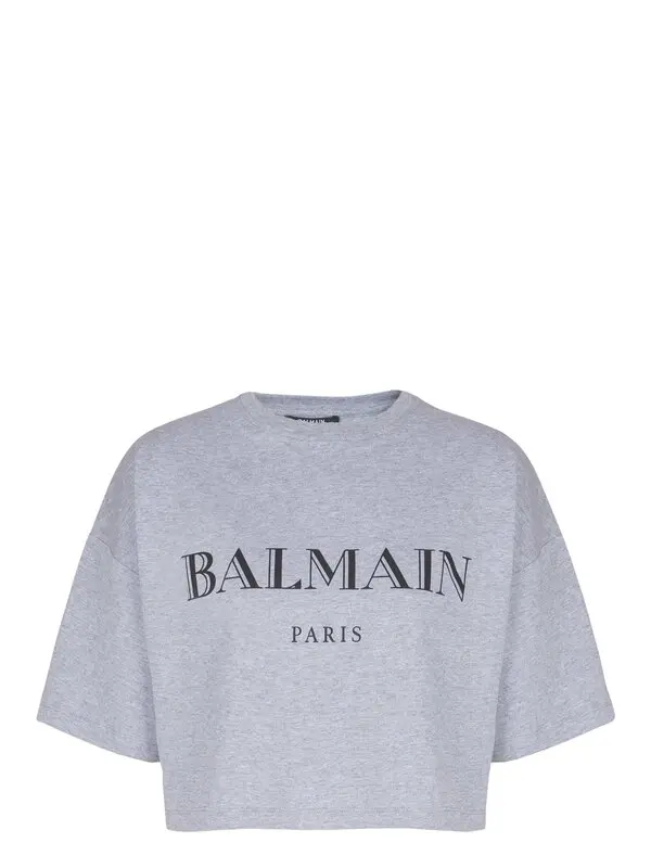 Balmain Boxy Cropped T-shirt With Print - Grey
