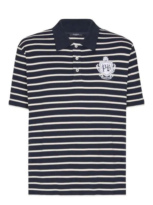 Balmain Striped College Emblem Polo - Blue