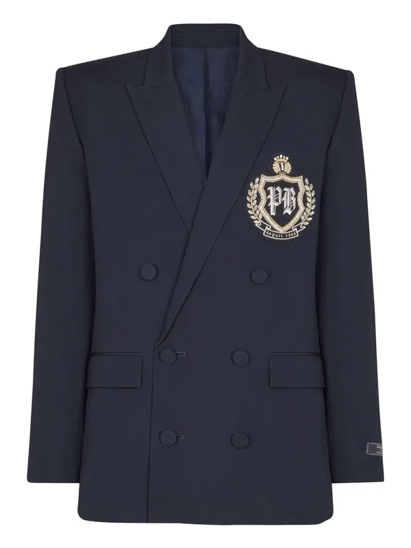 Balmain Wool Blazer With Crystal Patch - Navy