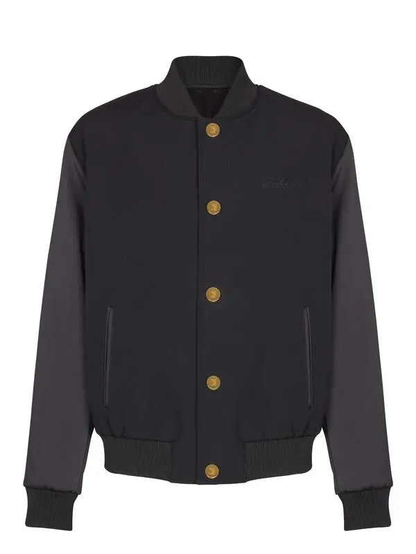Balmain Varsity Jacket In Grain De Poudre Wool And Satin - Black