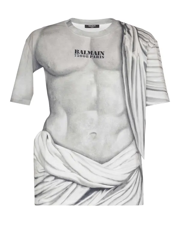 Balmain Logo T-shirt With Statue Print - Grey
