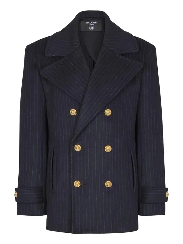 Balmain Short Striped Wool Pea Coat - Navy