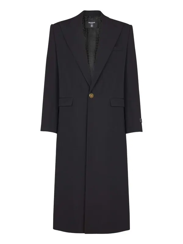 Balmain Long Coat In Grain De Poudre Wool - Black