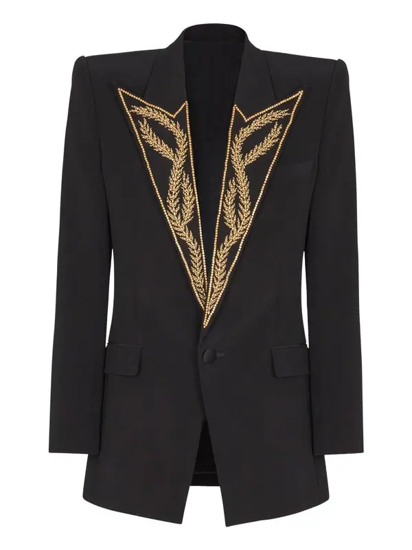 Balmain 1-button Crepe Jacket With Embroidered Collar - Black