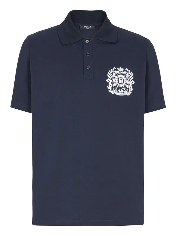 Balmain Cotton Polo Shirt With Écusson Print - Navy