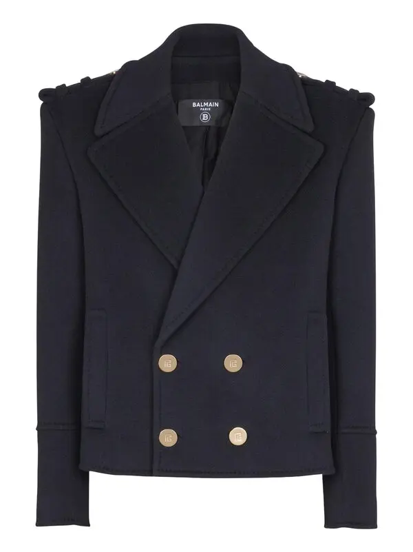 Balmain Cropped Wool Reefer Jacket - Navy