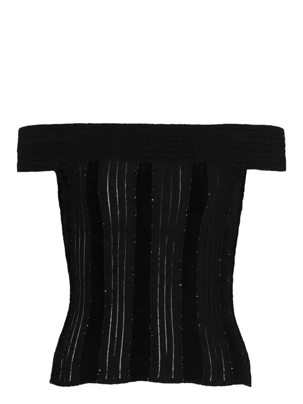 Balmain Off-the-shoulder Glitter Knit Top - Black
