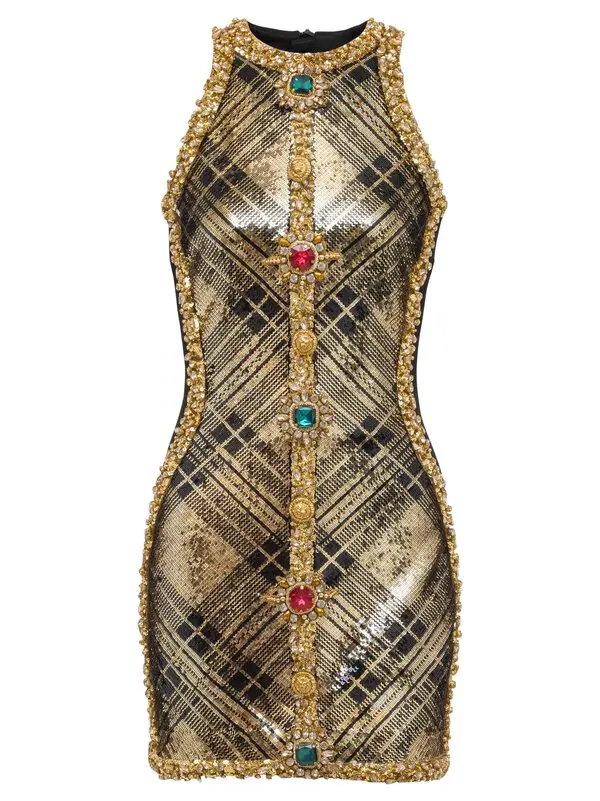 Balmain Short Plaid Embroidered Dress - Gold