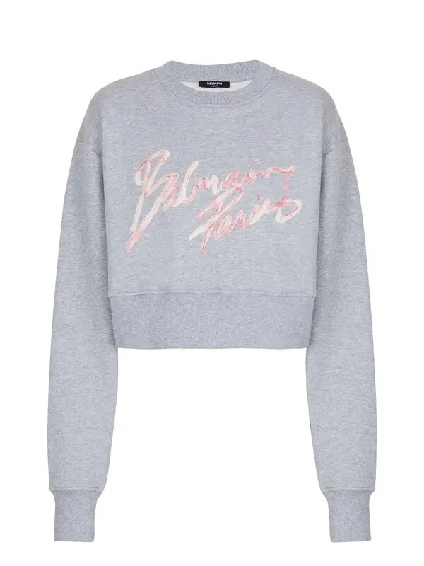 Balmain Printed Cotton Cropped Sweatshirt - Grey