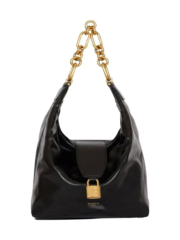 Balmain Sync Hobo Bag In Calfskin Leather - Black
