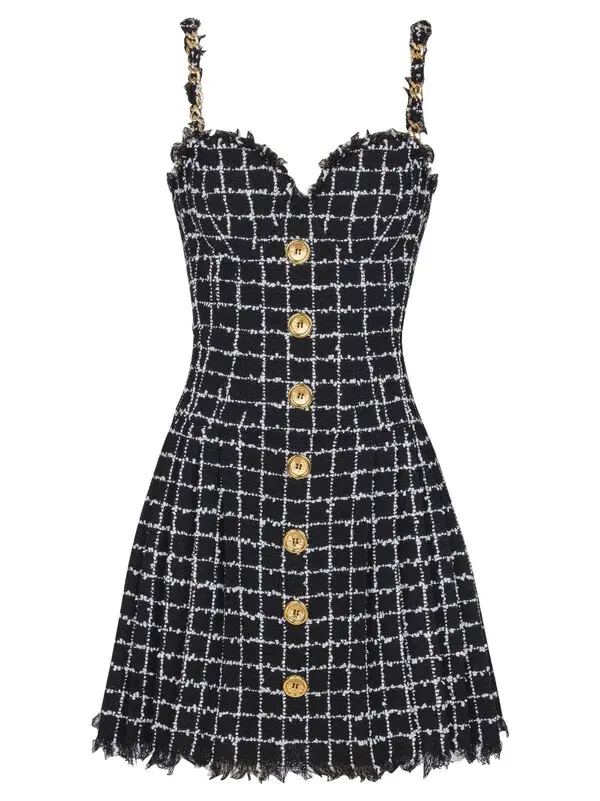 Balmain Tweed Mini Dress With Chain Straps - Black