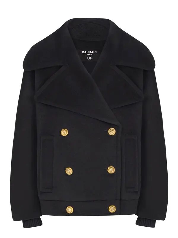 Balmain Wool Pea Coat With Lion Head Buttons - Black