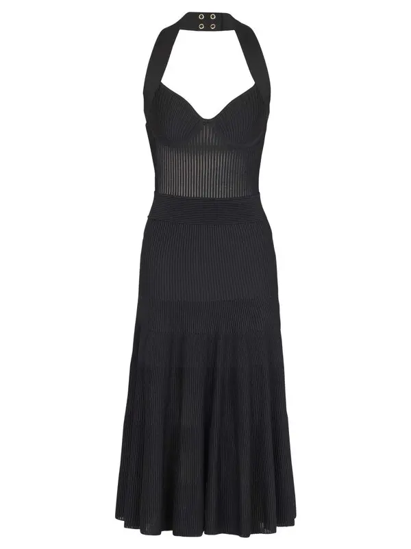 Balmain Halterneck Pleated Knit Midi Dress - Black