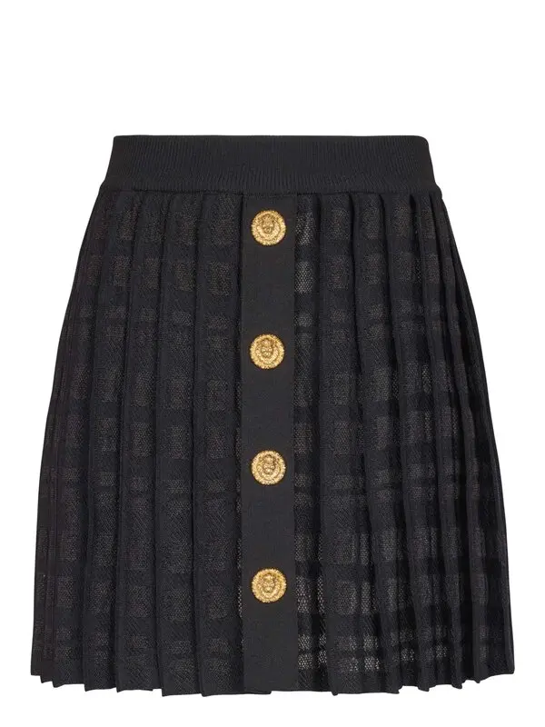 Balmain Short Pleated Plaid Knit Skirt - Black